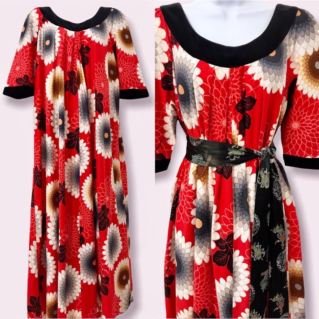 Vintage Kamehameha Hawaiian Tiki Dress Midcentury Pop Op Art Flower ...
