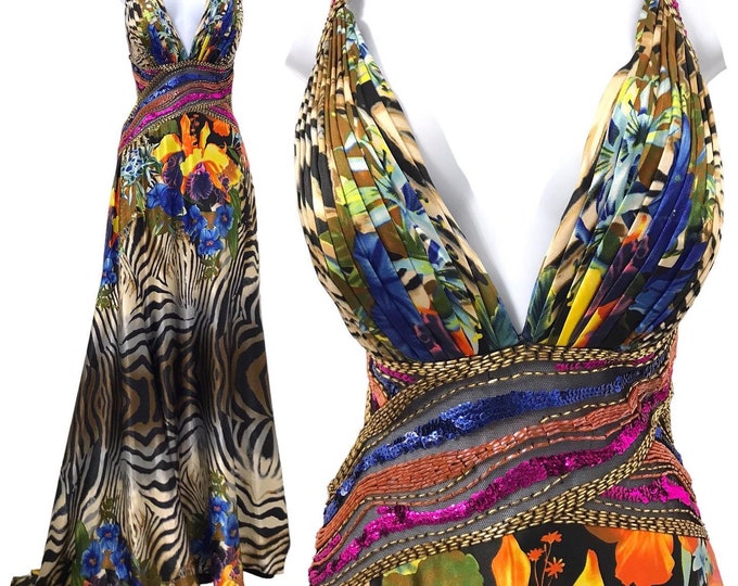 Insane Caché Psychedelic Zebra Animal Print Floral Y2K Bias Cut Open ...