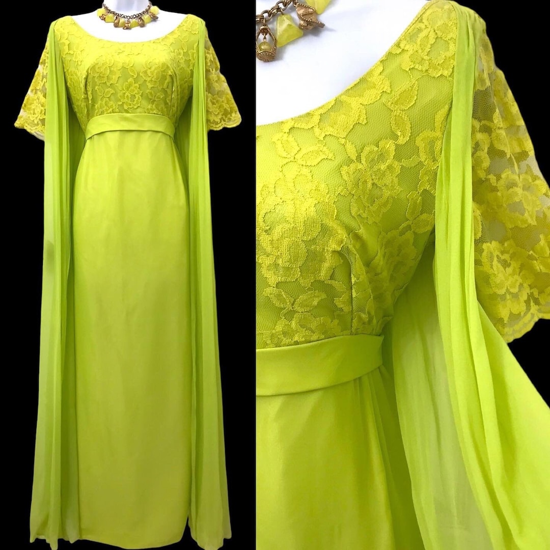 Vintage 1960’s Chartreuse Chiffon Cape and Lace Waterfall Back Watteau ...