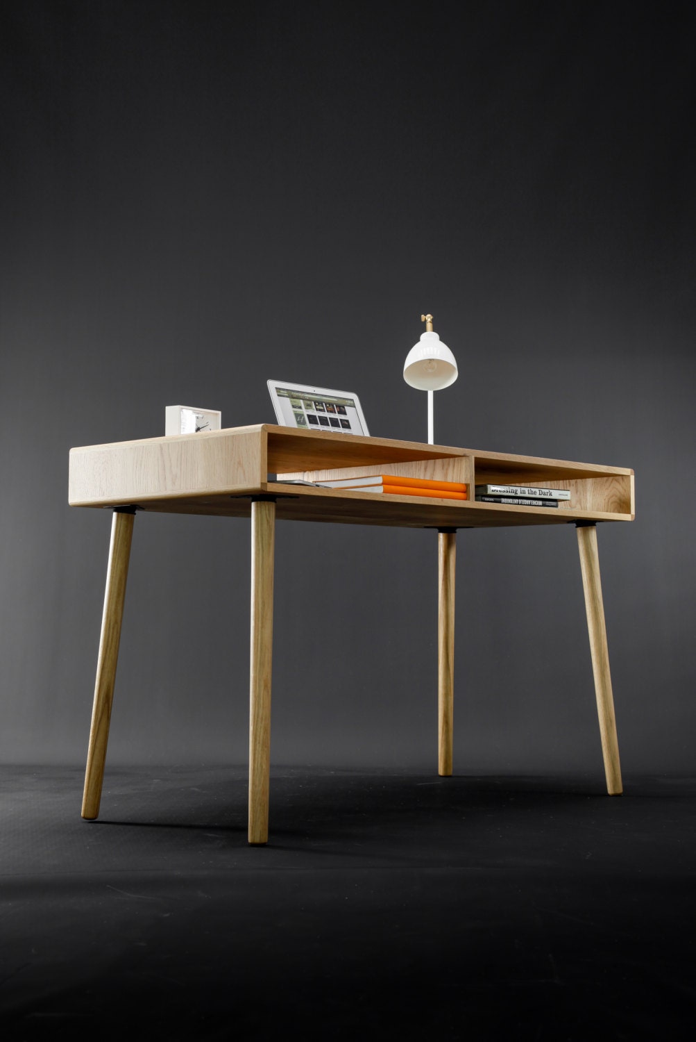 Modern Oak Desk with Open Cubbies Mid Century Design