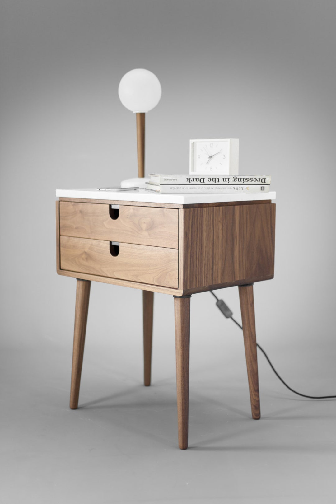 Nightstand Bedside Table With Two Drawers in Solid Walnut Wood Board ...