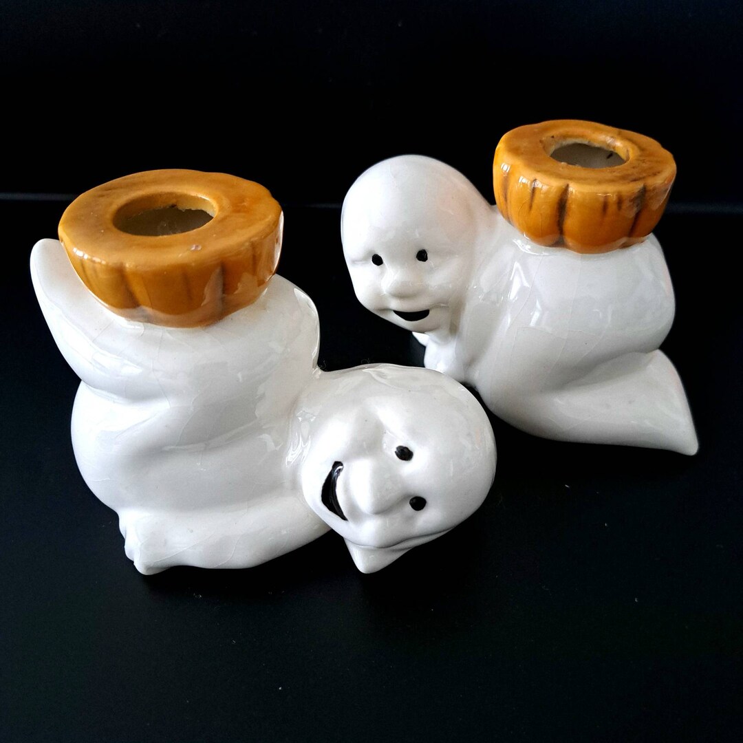 Vintage Halloween Ghost Candlestick Holders Set of 2 Mid Century 1970's ...