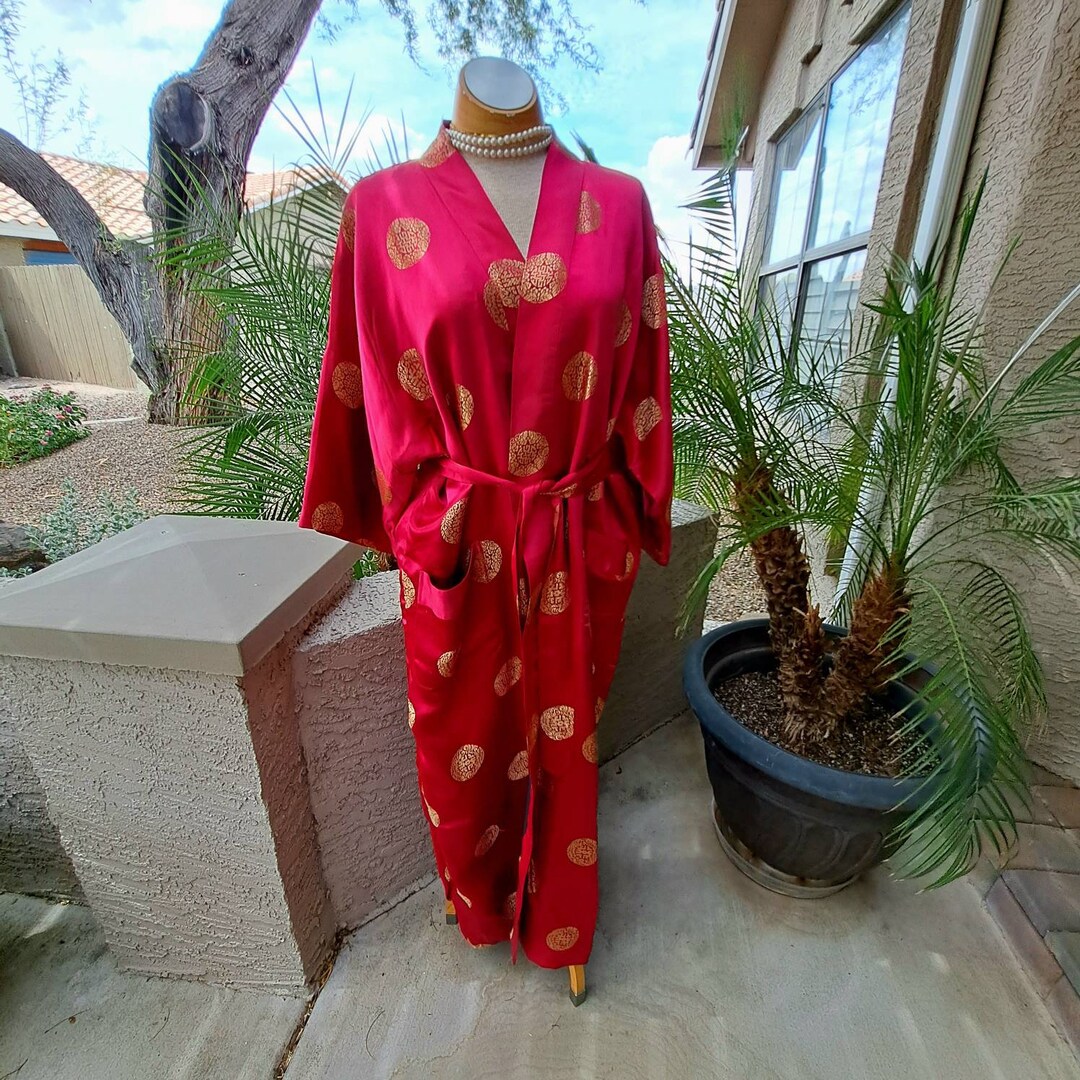 Vintage Kimono/robe by Solz Squirrel Satiny Rayon Burgundy Red W ...