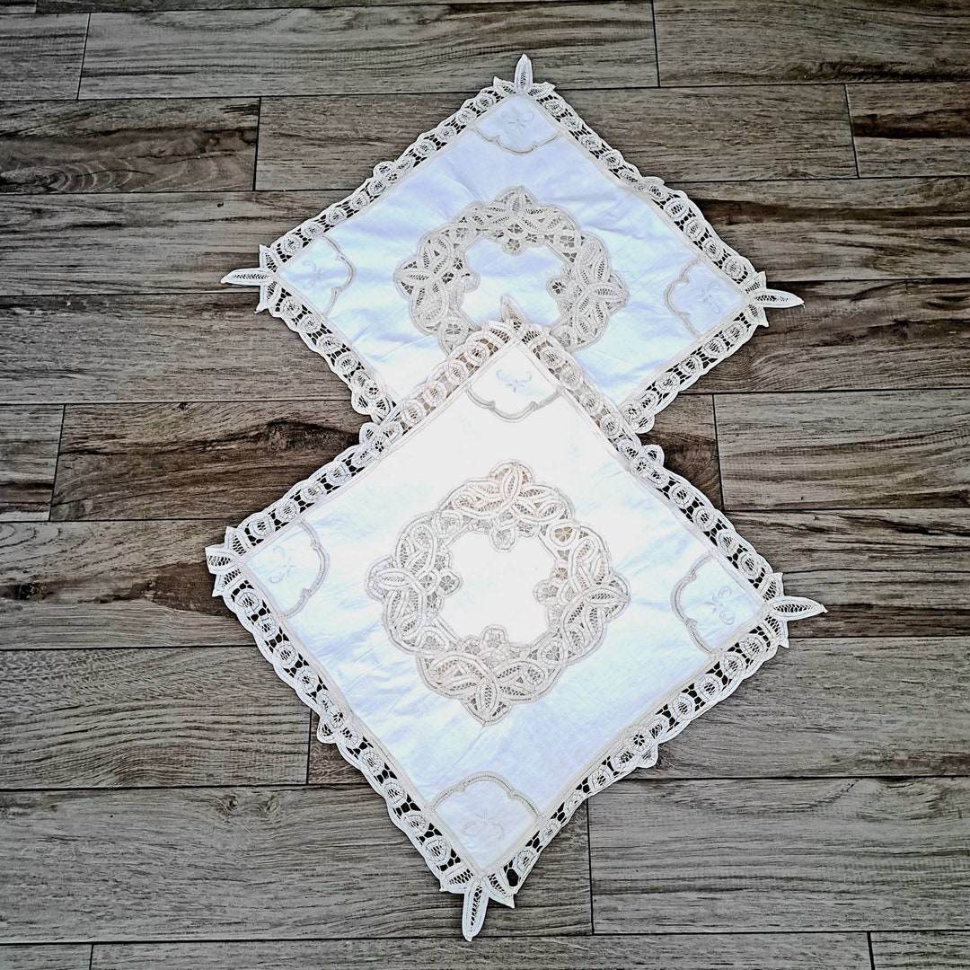 Battenburg Lace Pillow Shams. Pair of Square Ivory Fabric and Lace. Very Farmhouse Decorative ...