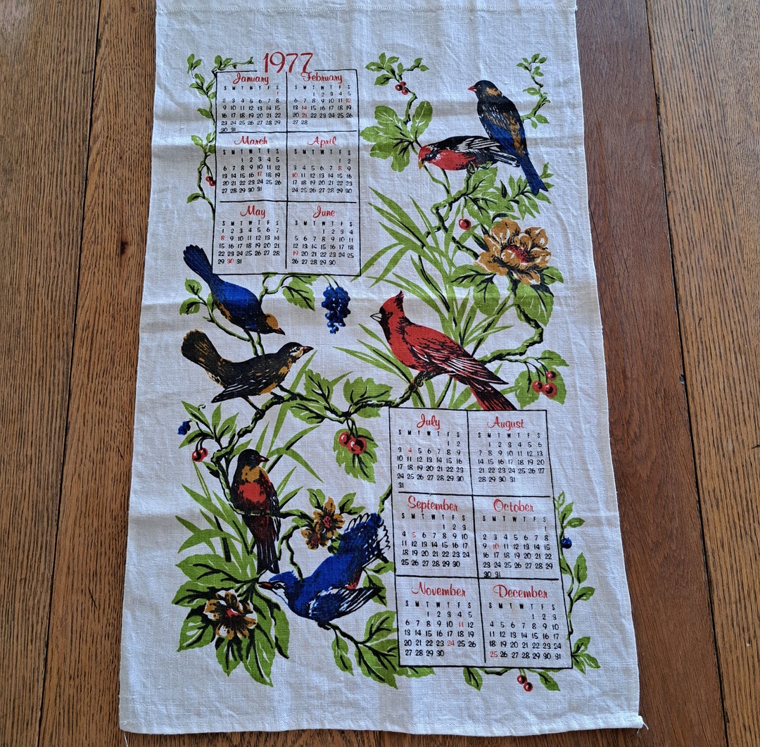 1977 Bird Calendar Kitchen Towel. Collectible Linen Dish Towel. 26"x 16 ...