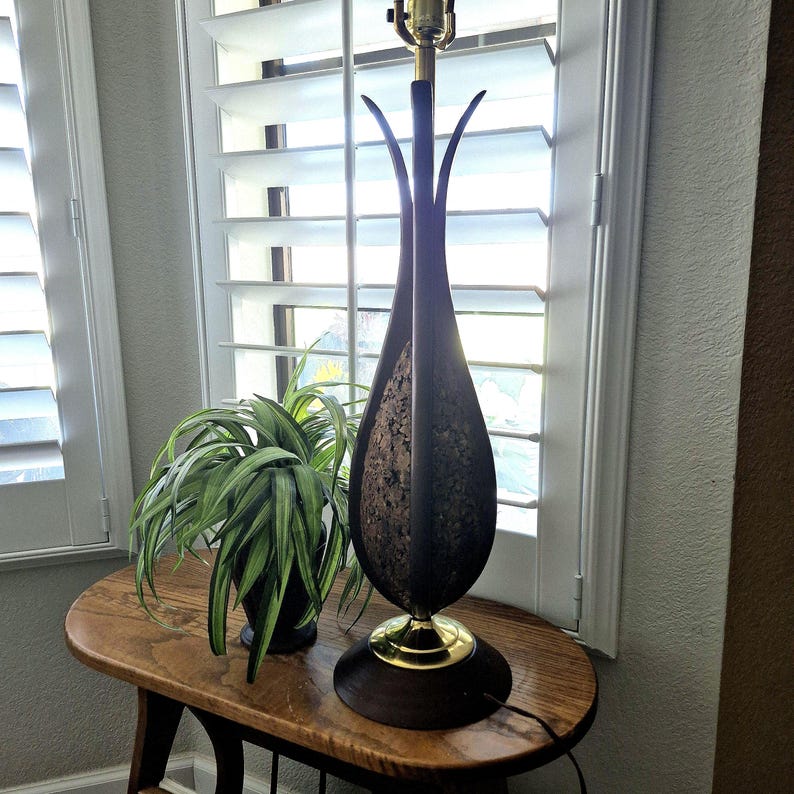 Mid-century Modern Lamp, Atomic Walnut Cork Gold Accent Lamp, 35" Tall ...