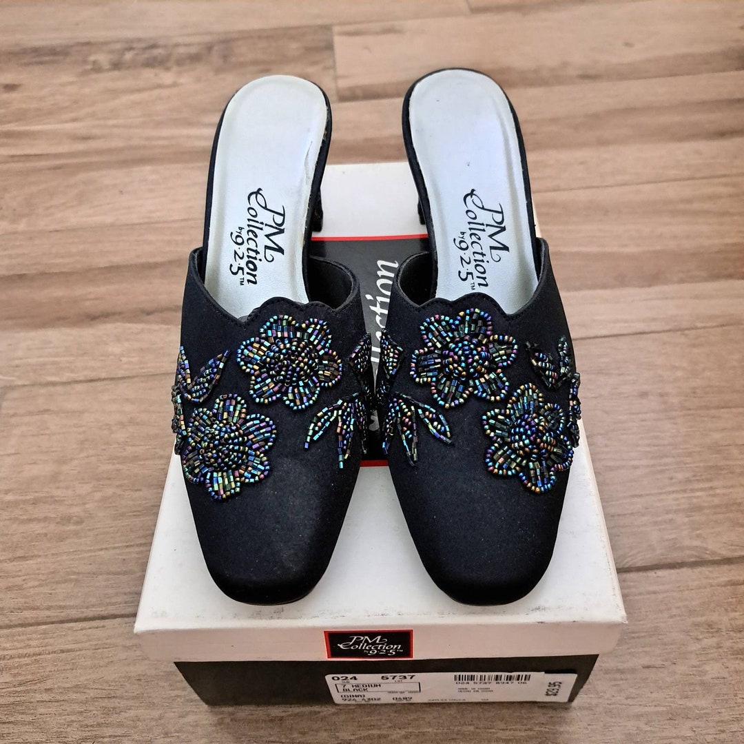 Vintage Black Evening Mule Slippers by PM Collection by 9.2.5, Satiny ...