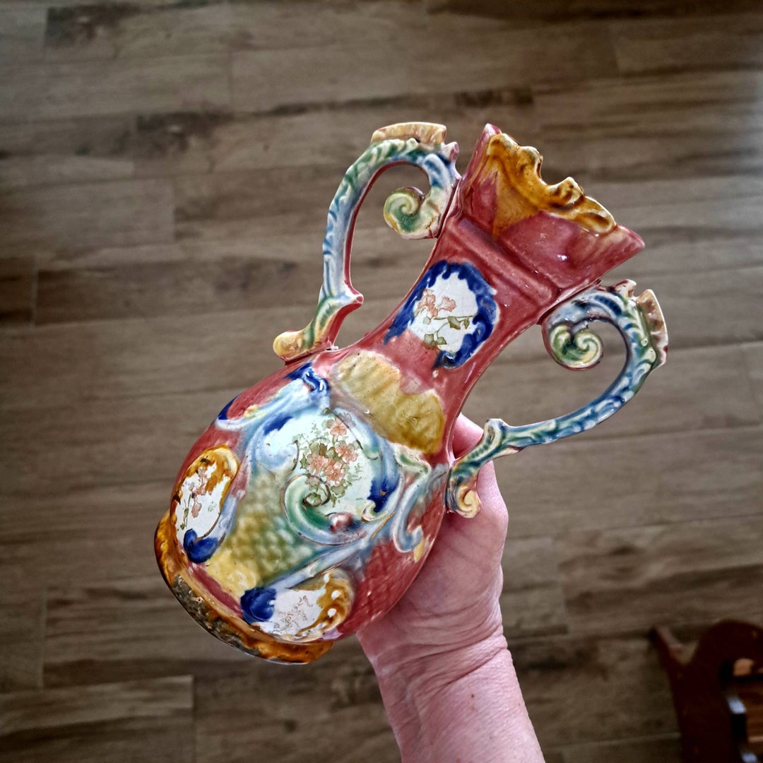 Victorian Transferware Pottery Vase, Raised Ornate Design, Pink Glazed ...