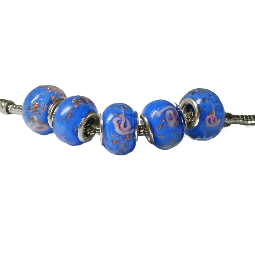 Pink Flower Blue Gold Dust European Beads Glass, Large Hole Bead, Charm ...