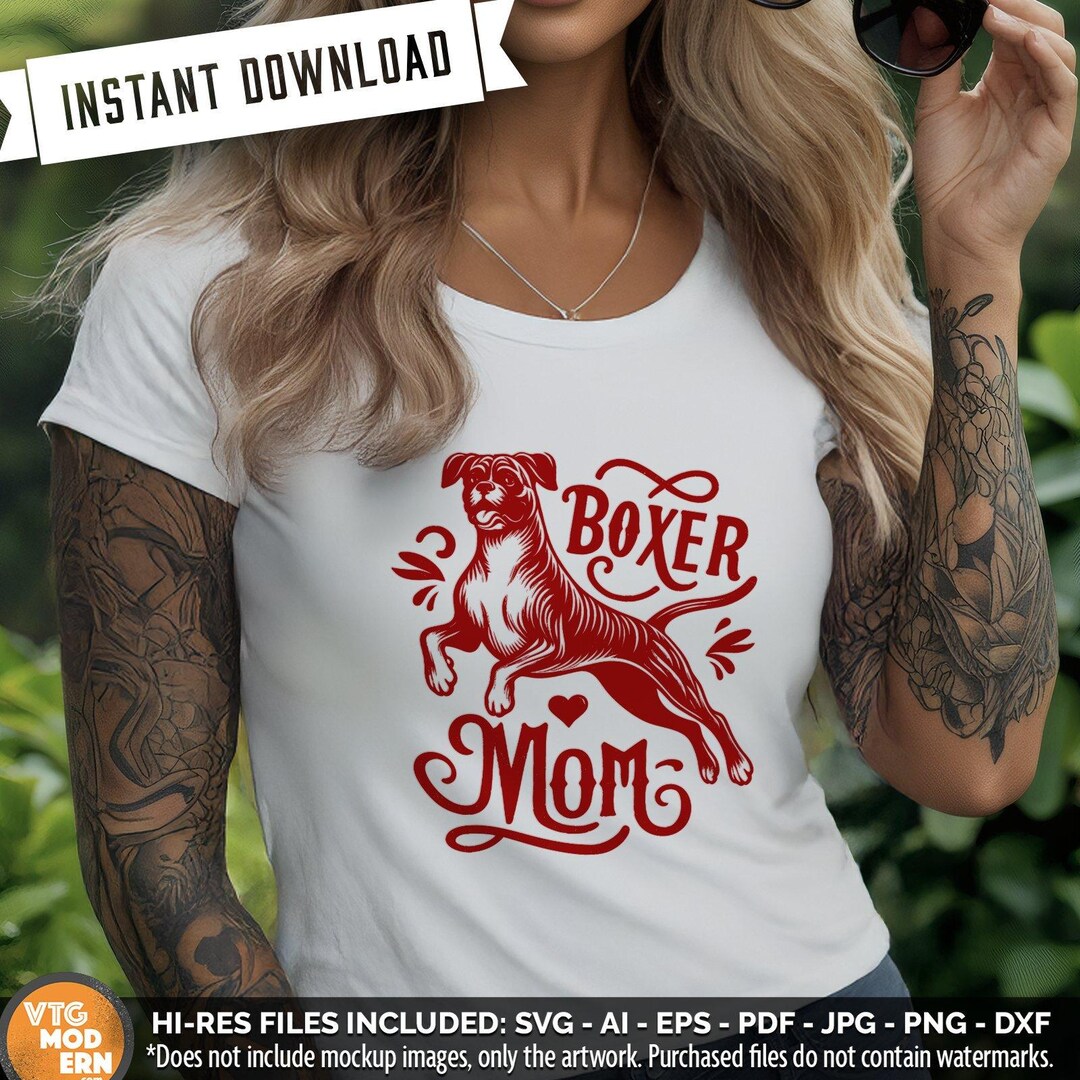 Stylish Boxer Dog Illustration With Bold BOXER Text and Playful MOM ...