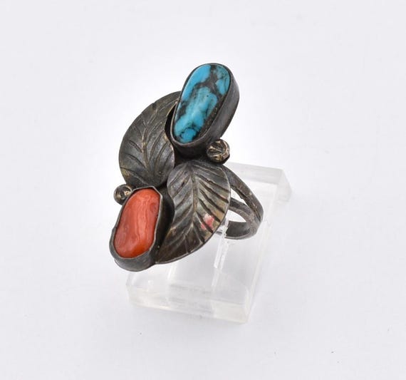 925 Turquoise Coral Native American Style Ring ~ Size… - Gem