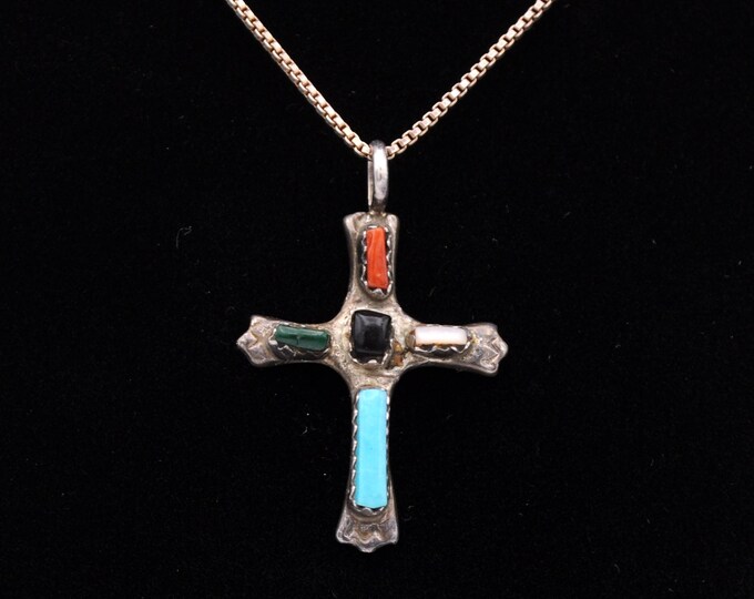 925 Zuni Turquoise Coral Cross Pendant ~ 20 Inches Signed L. Iule - Etsy