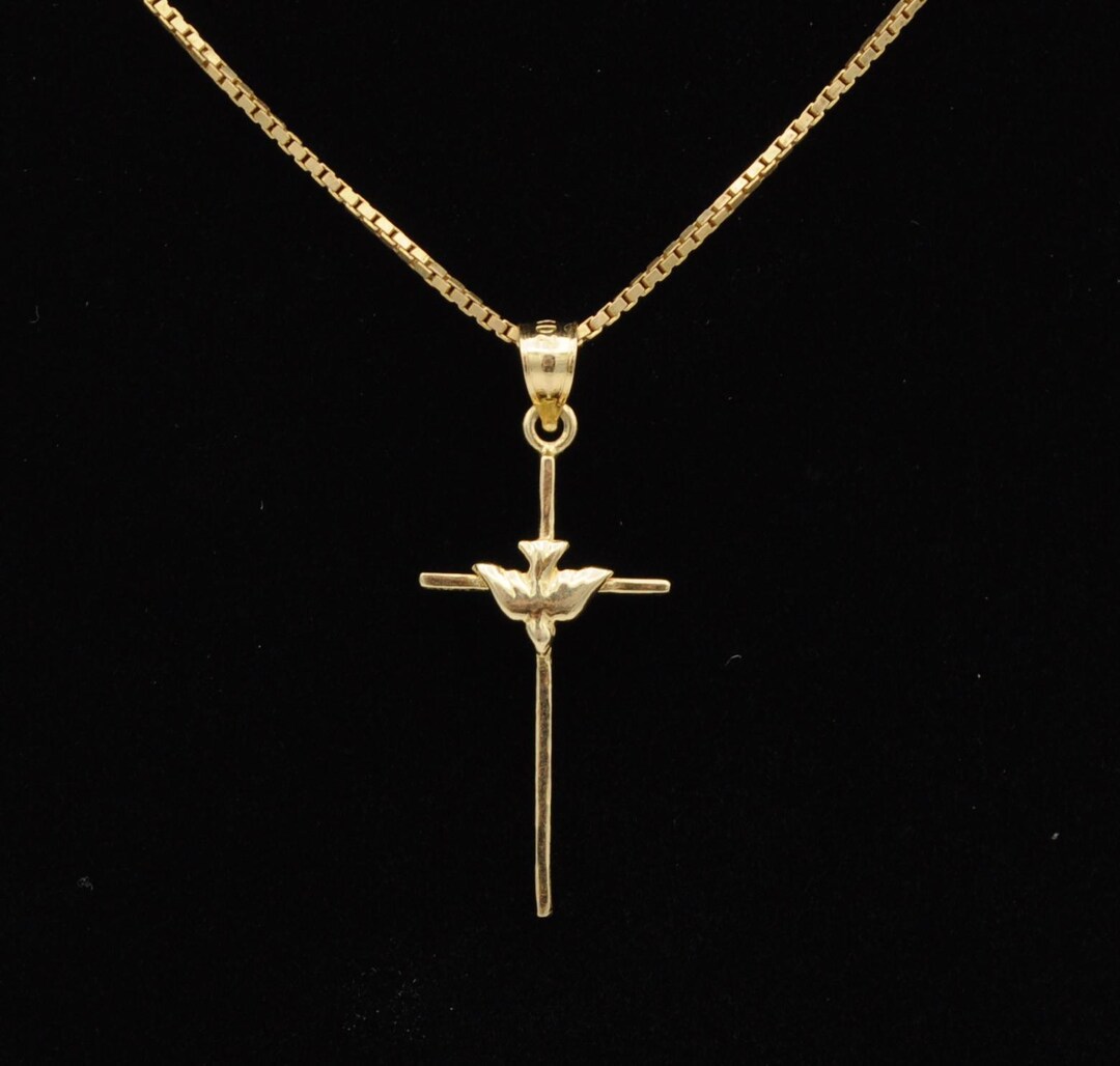 14K Yellow Gold Holy Cross & Dove Pendant Necklace ~ 24 1/2 Inches - Etsy