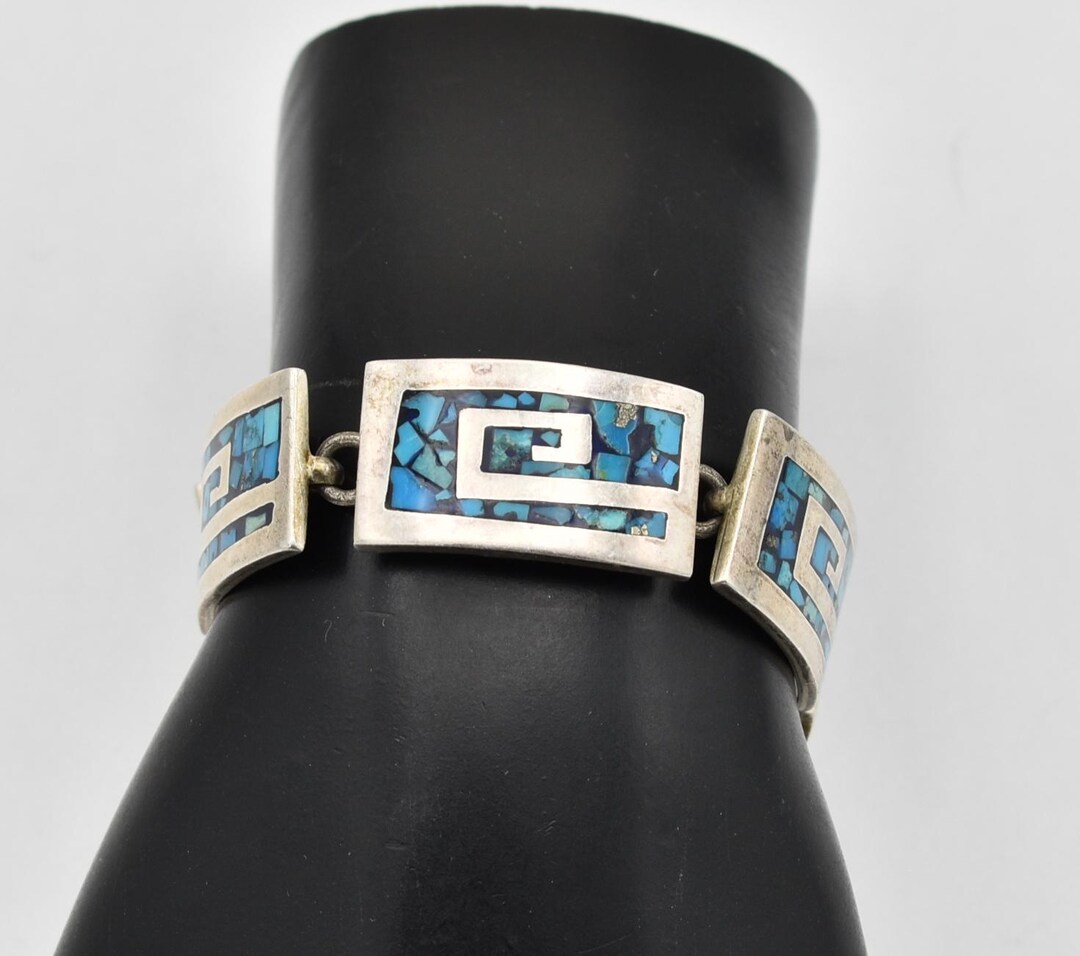 Taxco 925 Turquoise Chip Inlay Panel Bracelet ~ 7 1/2 Inches - Etsy