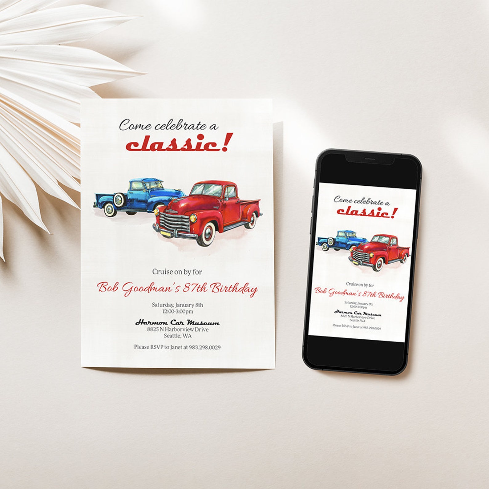 A Classic Car Birthday Party Invitation, Blue Truck, Red Truck, Adult ...