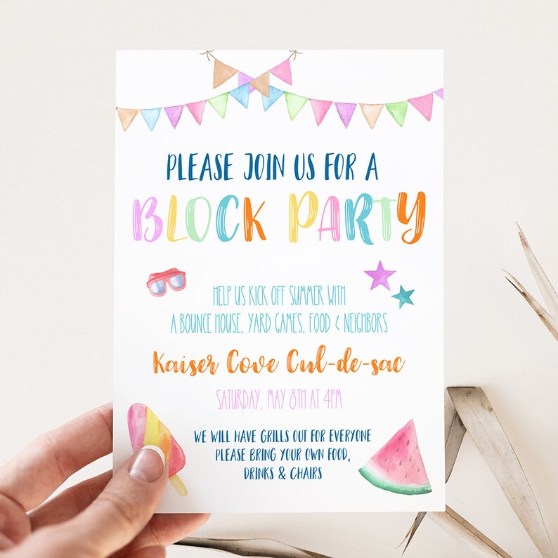 Summer Kick off Block Party Invitation, Watercolor Style, Fun and ...