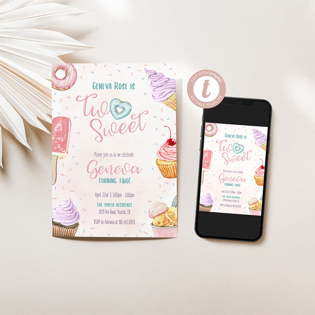 Two Sweet Birthday Party Invitation for Girl, Sweets Party Invitation ...