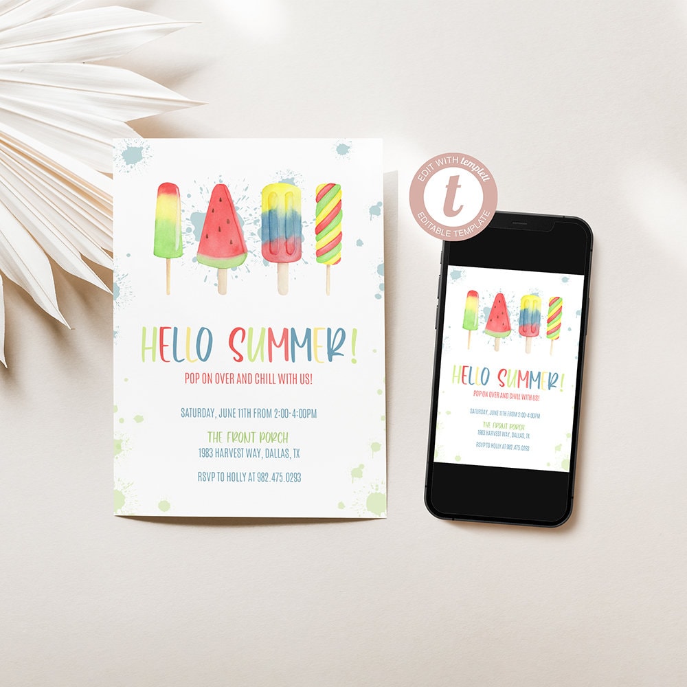 Hello Summer Party Invitation, Block Party Invitation, Watercolor Style ...