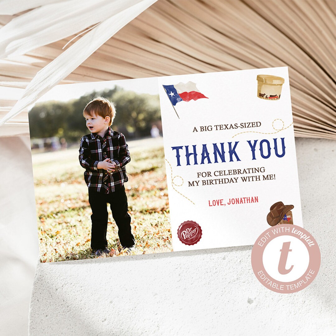 Texas Sized Birthday Thank You Card, Photo, Texas Themed Party, Kid's ...