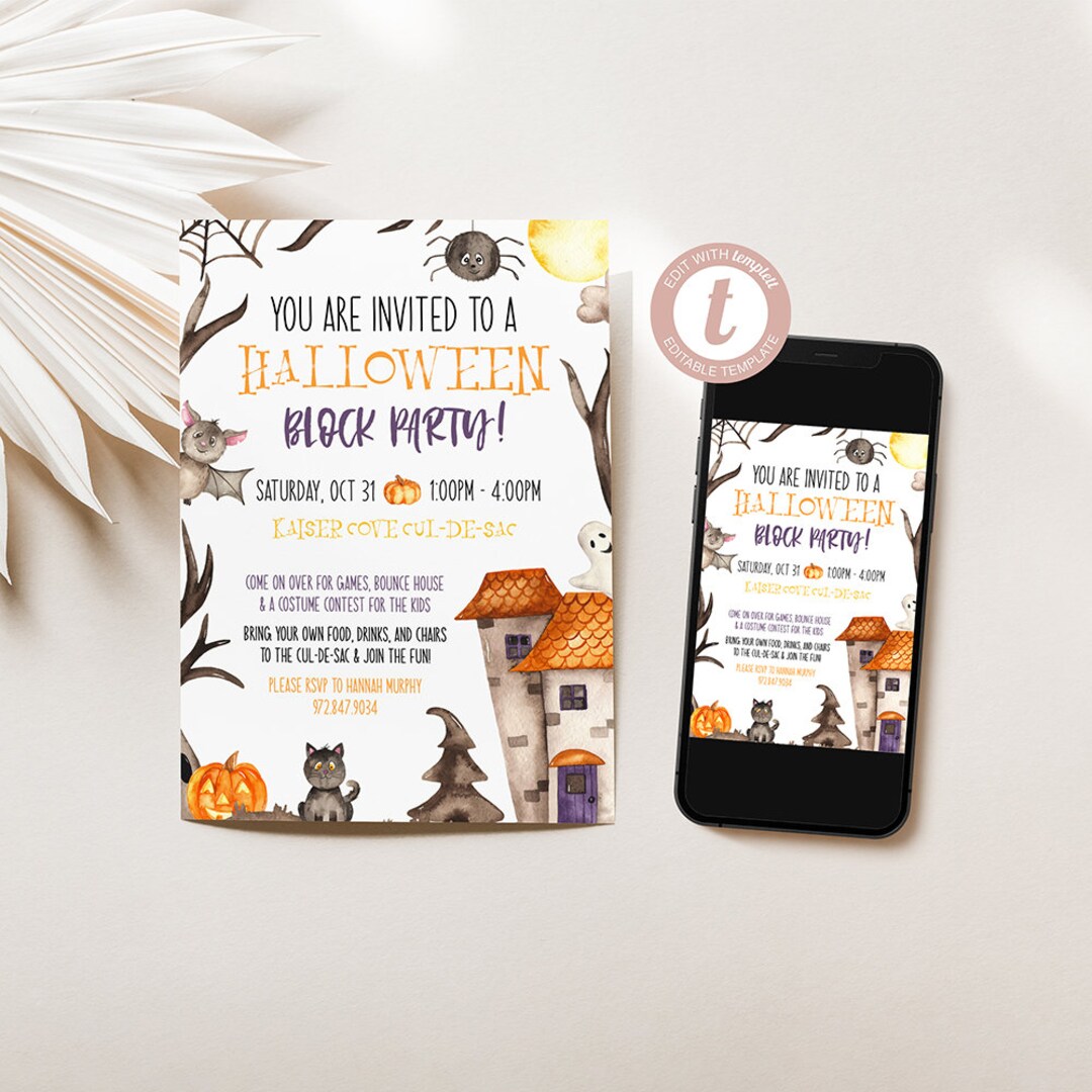 Halloween Block Party Invitation, Watercolor Halloween Party Design ...
