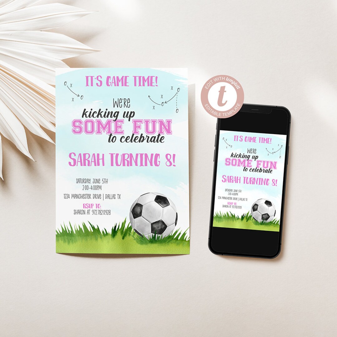 Pink Soccer Birthday Invitation, Sports Birthday Party Invite, Game ...