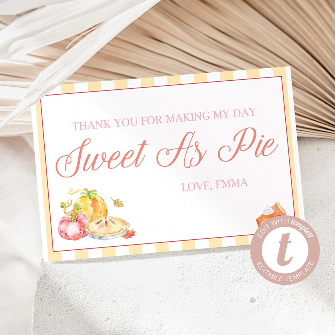 Sweet as Pie Birthday, Thank You Card, Girl, Fall Birthday, Pumpkin Pie ...