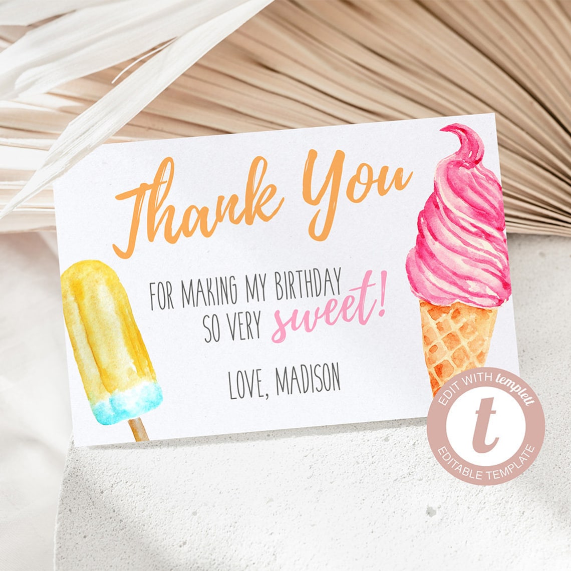 Ice Cream Birthday Thank You Card, Thank You Card, Ice Cream Social ...