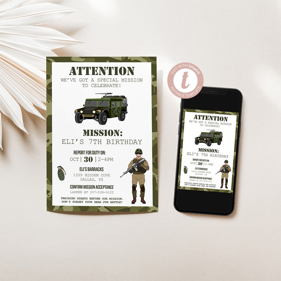 Army Training Birthday Party Invitation, Kids Birthday, Boy, Printable ...