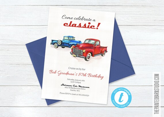 A Classic Car Birthday Party Invitation Blue Truck Red - Etsy