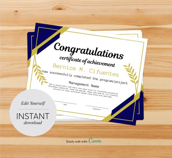 General Certificate Blue Gold Certificate Template Printable | Etsy