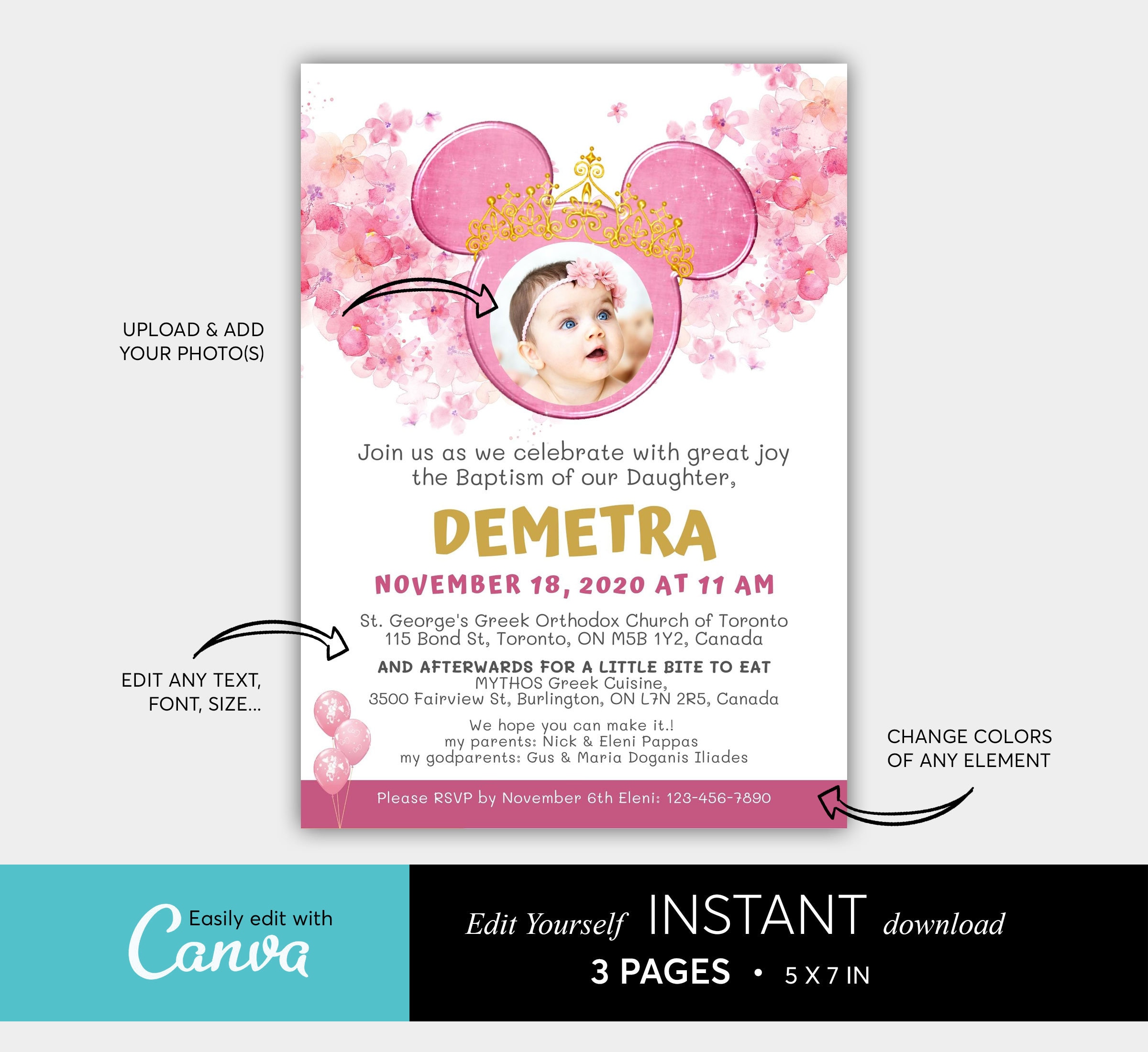 3 Pages Minnie Mouse Baptism Invitation Girl, Printable Invite Template ...
