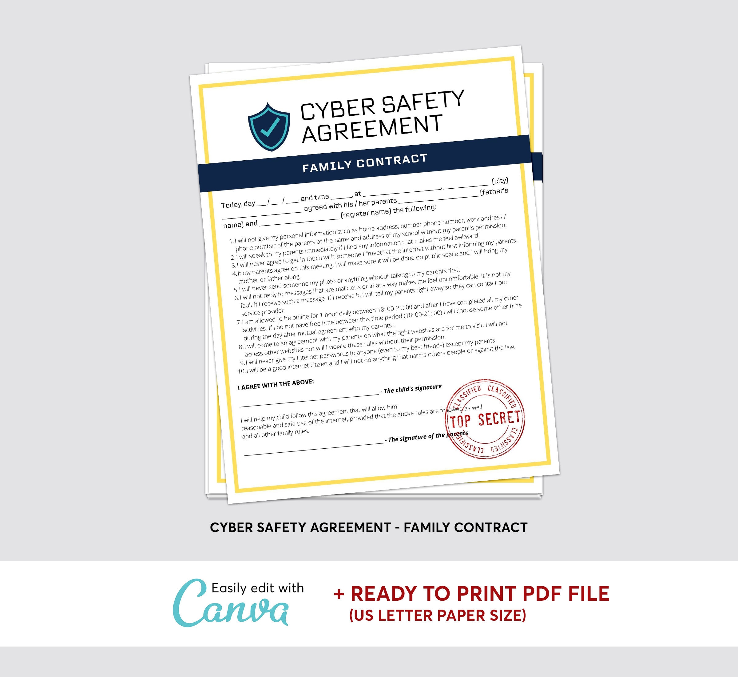 Cyber Safety Agreement Family Contract, Secure Internet Access for Kids ...
