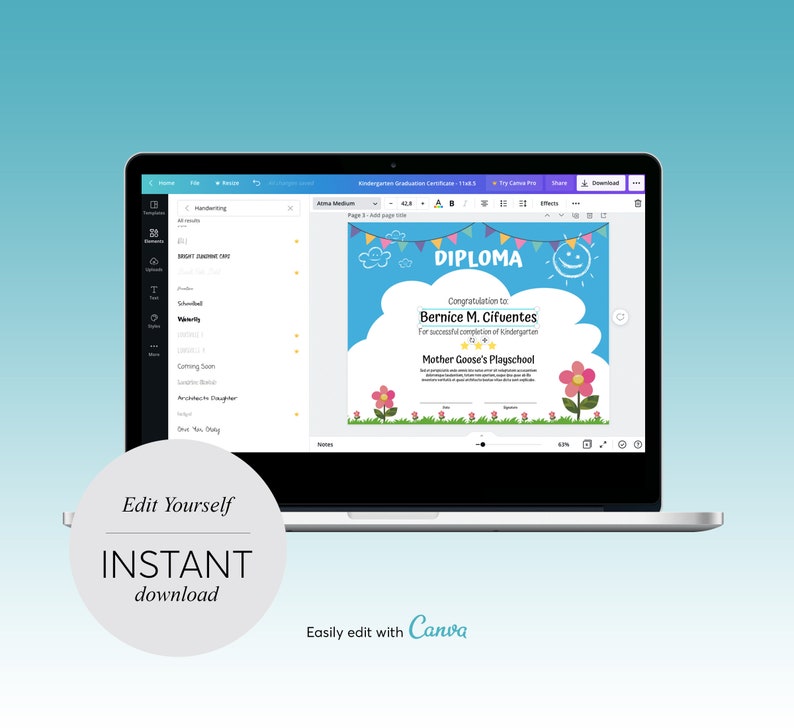 Full Editable Kindergarten Diploma Graduation Certificate | Etsy