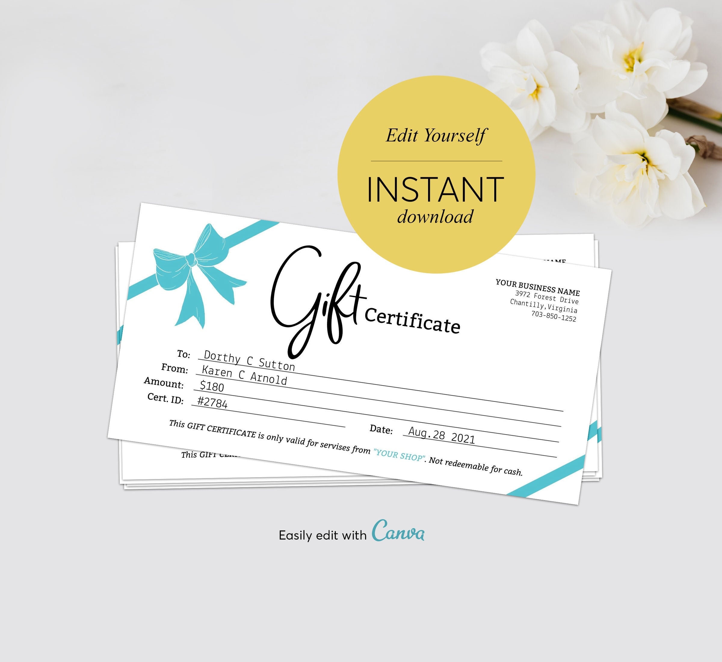 Editable Gift Certificate Template with Logo Modern Gift Card Template ...
