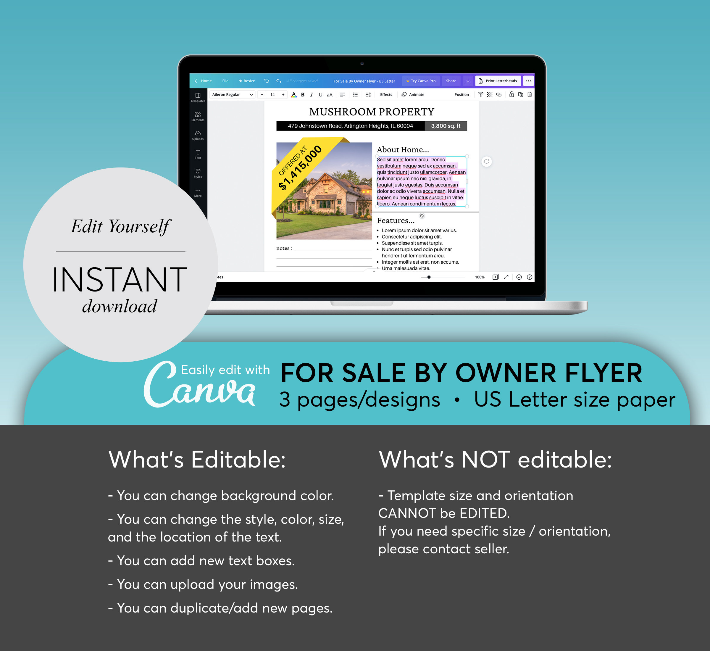 3 for Sale by Owner Home Feature Sheet, Realtor Open House Handout ...