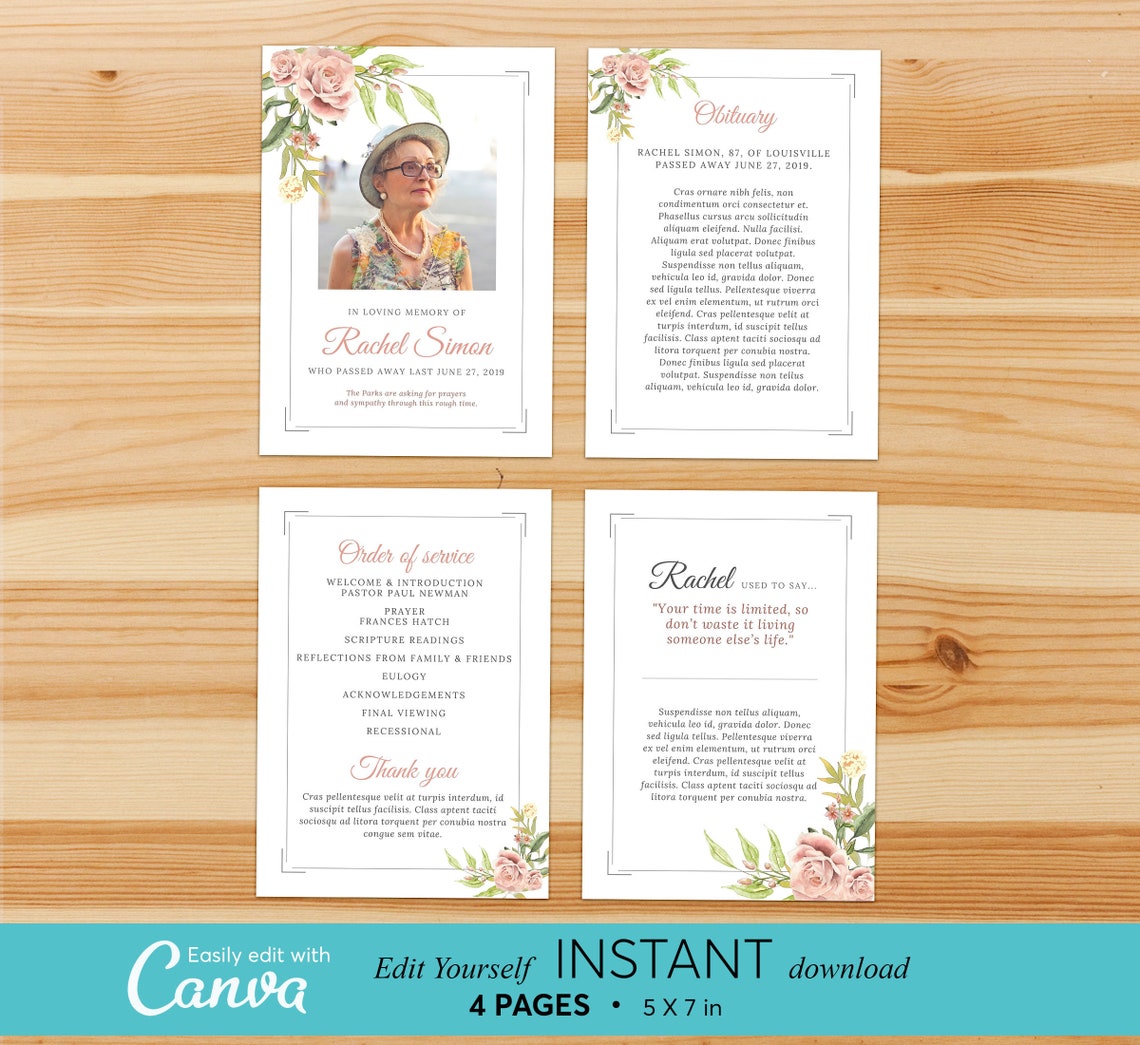 4 Pages Floral Funeral Program Template Celebrating the Life of Funeral ...