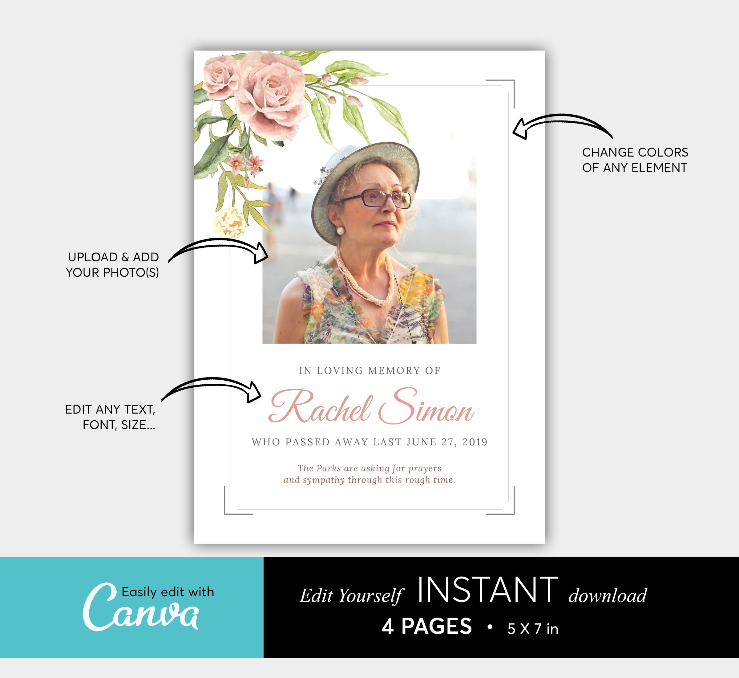 4 Pages Floral Funeral Program Template Celebrating the Life of Funeral ...
