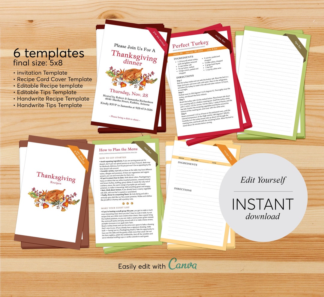 Thanksgiving Turkey Pumpkin Recipe Card Invite,printable Recipe Card ...
