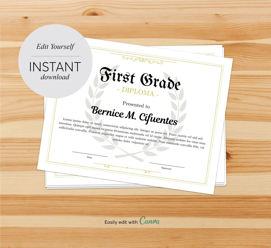 Full Editable Grade School Diploma, Graduation Certificate, First Grade ...