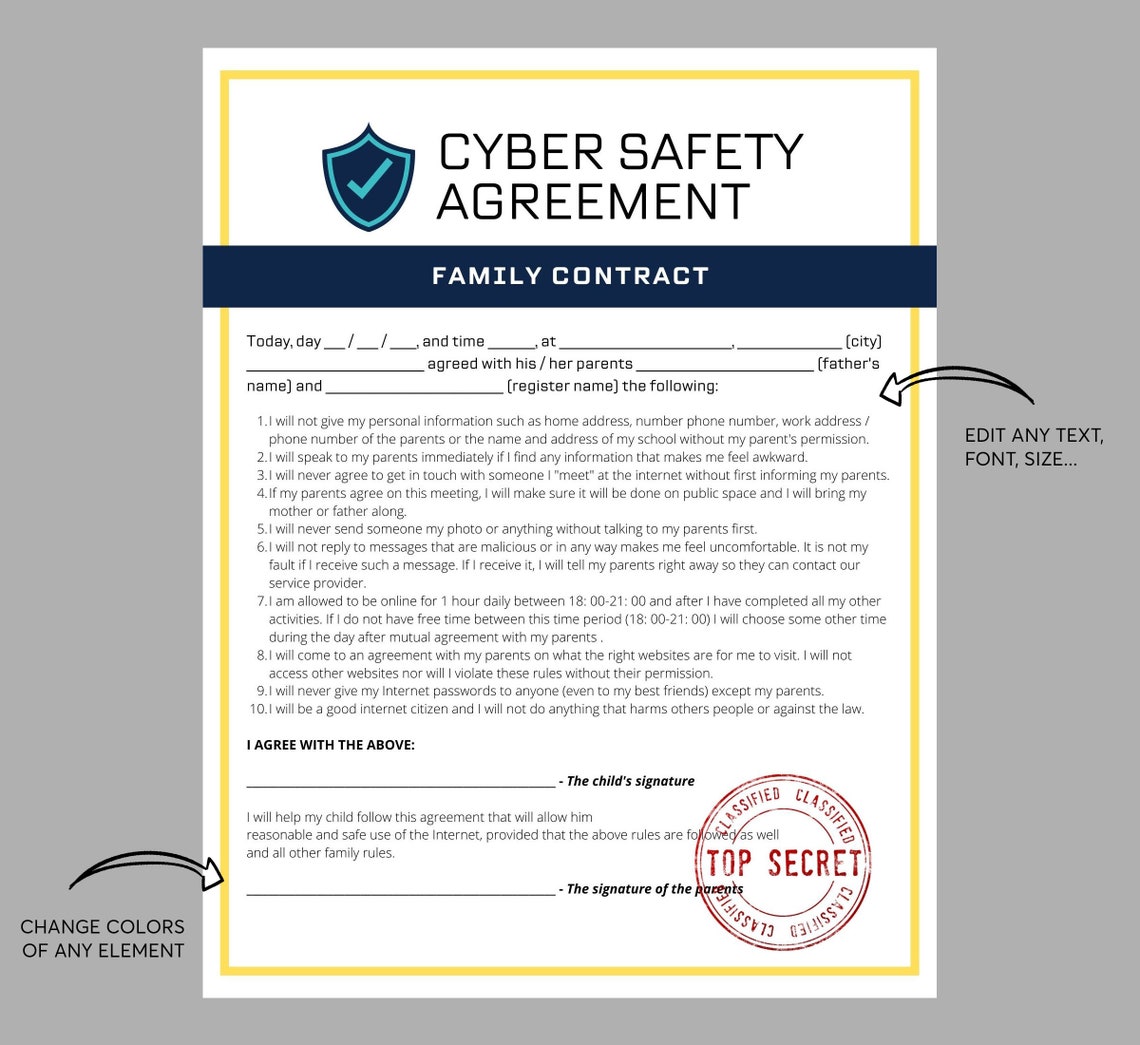 Cyber Safety Agreement Family Contract, Secure Internet Access for Kids ...