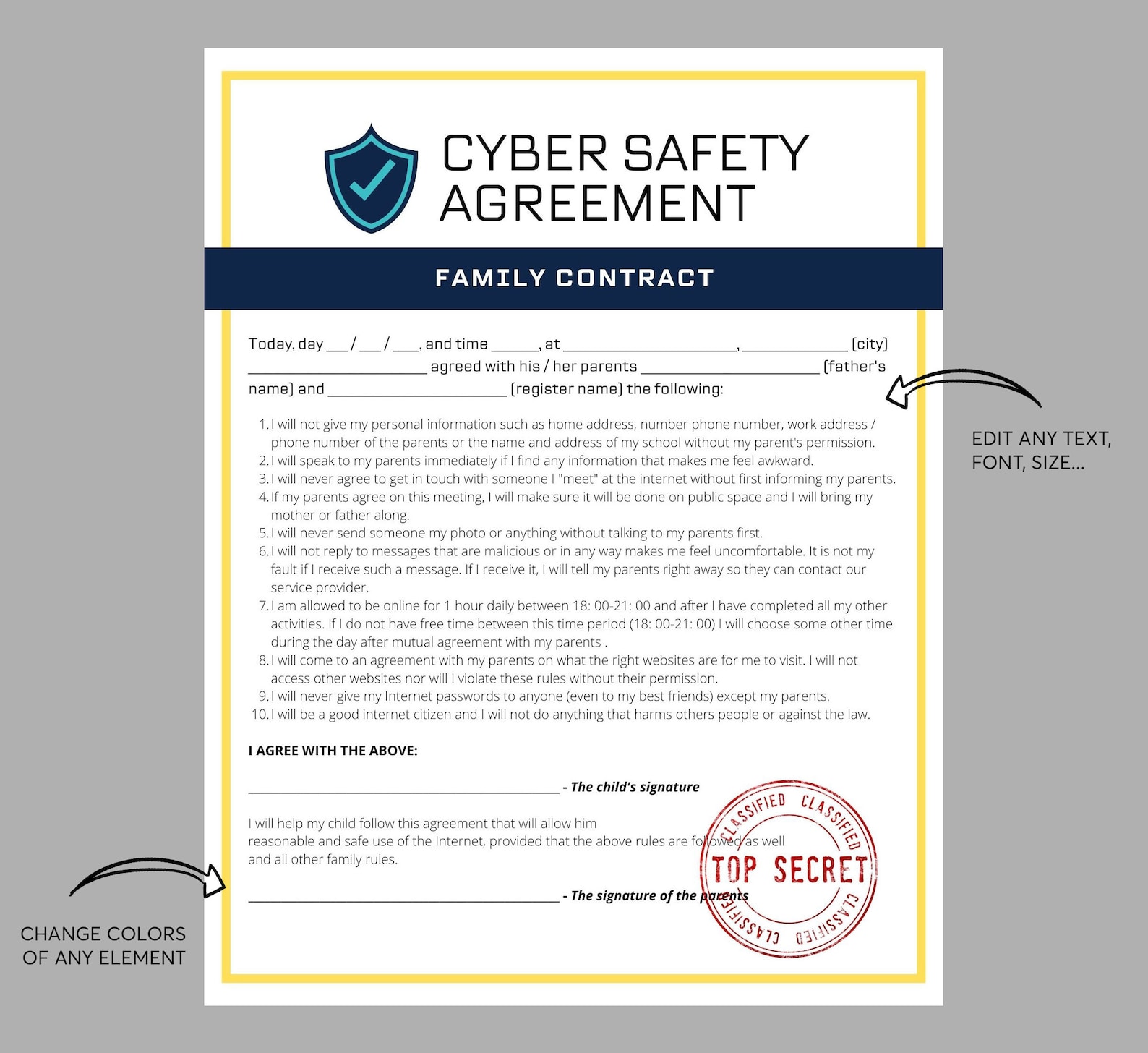 Cyber Safety Agreement Family Contract, Secure Internet Access for Kids ...