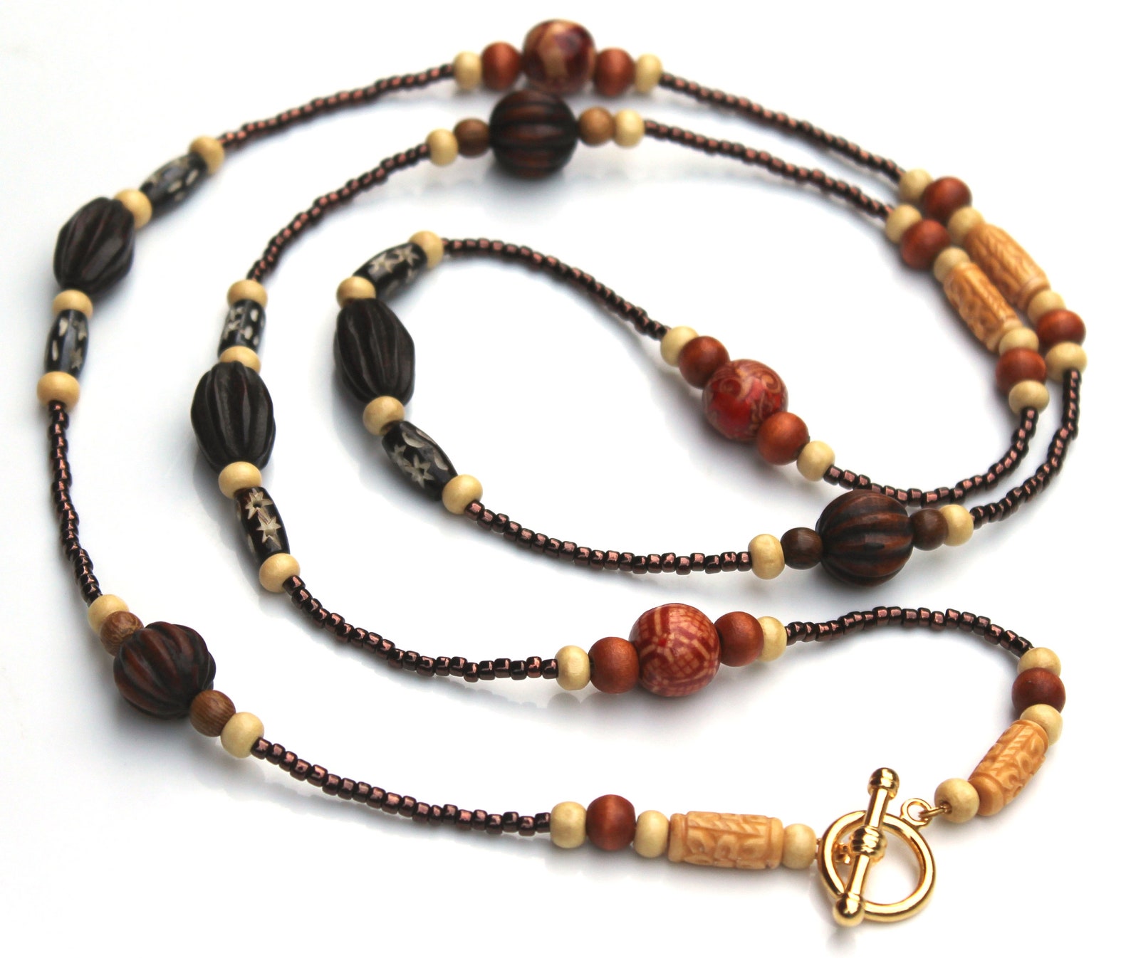 Brown Beaded Necklace Long Wood Boho Necklace for Women - Etsy
