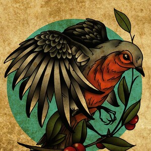 Robin Berries Neo-traditional Tattoo Flash Old School Art - Etsy