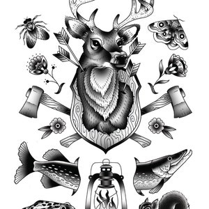 Outdoors Flash Set, Deer, Animals, Traditional Tattoo Flash, Old School ...