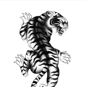 Crawling Tiger Traditional Tattoo Flash Black and White Old | Etsy