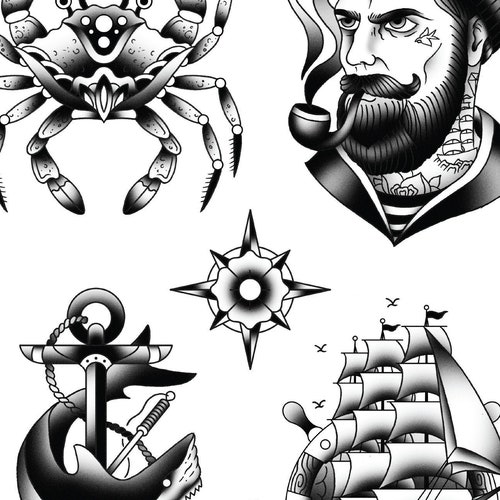 Nautical Set Lighthouse Anchor Traditional Tattoo Flash - Etsy
