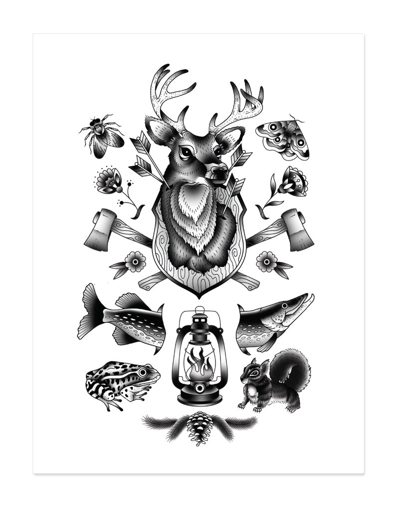 Outdoors Flash Set Deer Animals Traditional Tattoo Flash - Etsy Denmark