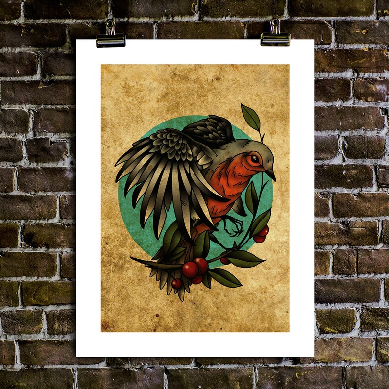 Robin Berries Neo-traditional Tattoo Flash Old School Art | Etsy