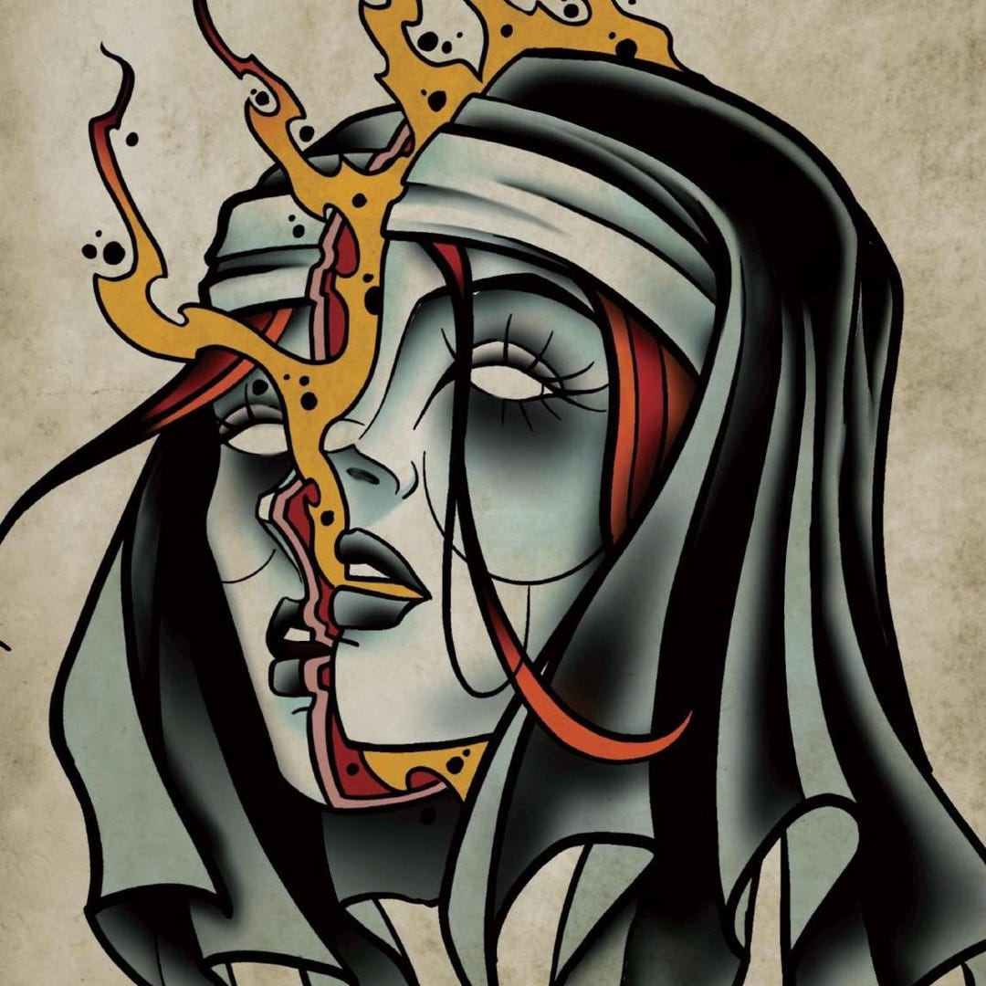 A Fire Inside, Nun, Neo-traditional Tattoo Flash, Old School, Art Print ...