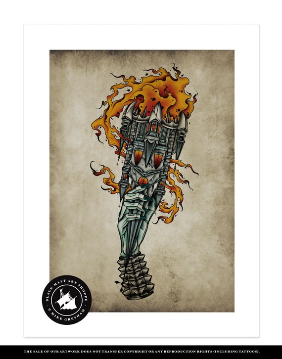 Burning church tattoo flash - Bronctattooaus.com